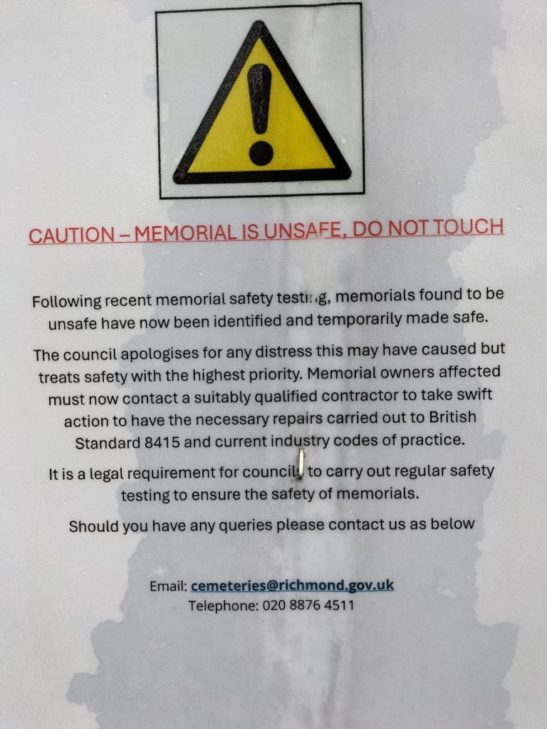 GRAVESTONES AT TEDDINGTON CEMETERY COVERED UP WITH SAFETY WARNING SIGNS ...
